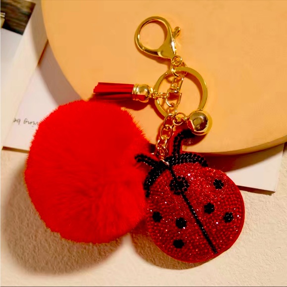 Accessories | Red Rhinestone Ladybug Bag Charm Keychain With Pom Pom ...